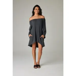 EAVOLU Peyto Eco-luxe Rib Off-shoulder Flutter Tunic/dress - Slate