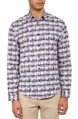 BROOKLYN BRIGADE Slim Fit Abstract Check Performance Long Sleeve Shirt - Black/grey
