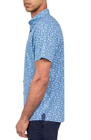 BROOKLYN BRIGADE Slim Fit Ditsy Floral 4-way Stretch Performance Short Sleeve Shirt - Blue