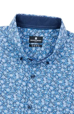 BROOKLYN BRIGADE Slim Fit Ditsy Floral 4-way Stretch Performance Short Sleeve Shirt - Blue