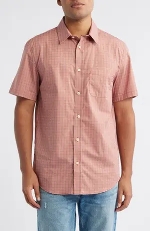 Pendleton Academy Check Pima Cotton Short Sleeve Button-up Shirt - Brick/ Blue Plaid