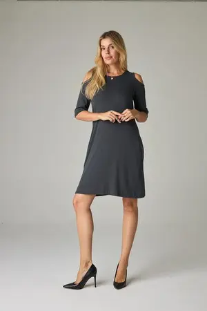 EAVOLU Caspian Eco-luxe Rib Cold-shoulder Tunic/dress - Slate