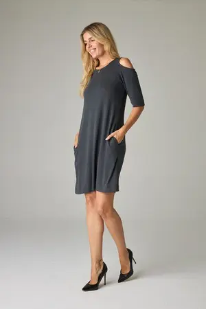 EAVOLU Caspian Eco-luxe Rib Cold-shoulder Tunic/dress - Slate