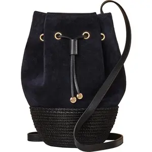 CESTA COLLECTIVE Suede And Sisal Drawstring Bucket Bag - Navy