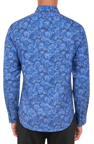BROOKLYN BRIGADE Slim Fit Denim Floral 4-way Stretch Performance Long Sleeve Shirt - Navy