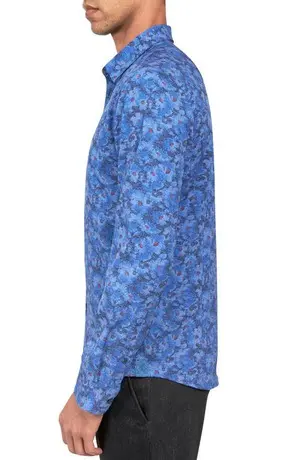 BROOKLYN BRIGADE Slim Fit Denim Floral 4-way Stretch Performance Long Sleeve Shirt - Navy