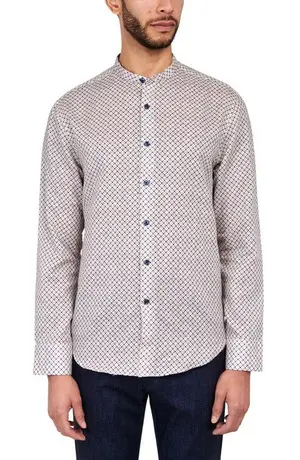 BROOKLYN BRIGADE Slim Fit Geo Linen Cotton Banded Collar Long Sleeve Shirt - Tan/blue