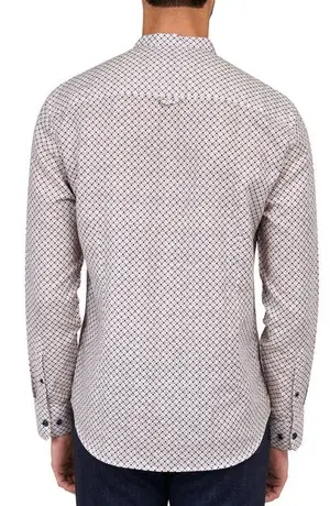 BROOKLYN BRIGADE Slim Fit Geo Linen Cotton Banded Collar Long Sleeve Shirt - Tan/blue