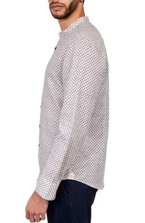 BROOKLYN BRIGADE Slim Fit Geo Linen Cotton Banded Collar Long Sleeve Shirt - Tan/blue