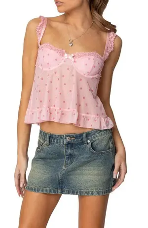 EDIKTED Pipa Floral Mesh Bra Top - Pink