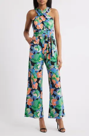 TAHARI ASL Print Twist Neck Tie Waist Wide Leg Jumpsuit - Black/ Green/ Orange Multi