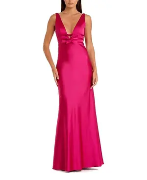 Mac Duggal Sleeveless V-neck Satin Gown With Bow Details - Raspberry