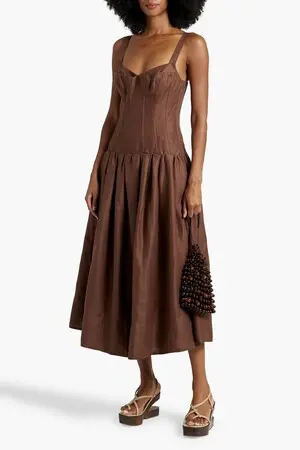 NICHOLAS Gathered Linen Midi Dress
