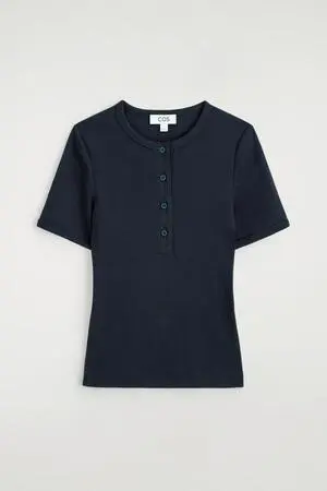 Cos Ribbed Henley T-shirt With Scoop Neck - Navy