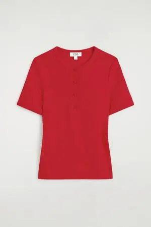 Cos Ribbed Henley T-shirt - Red