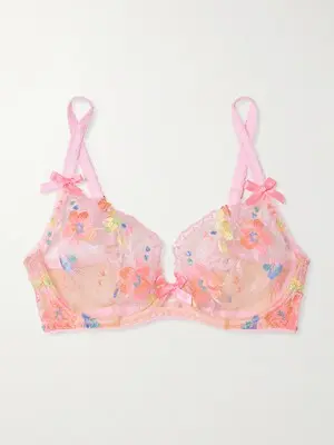 Agent Provocateur Rixie Bow-detailed Lace-trimmed Embroidered Tulle Underwired Bra - Pink