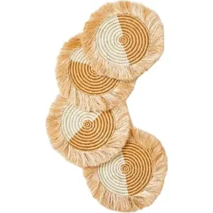 INDEGO AFRICA Akeza Fringe Coasters In Whiteset Of 4 - Cream And Natural