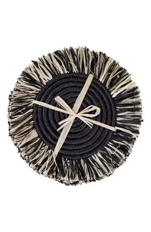 INDEGO AFRICA Raffia Fringe Set Of 4 Coasters - Black And Natural