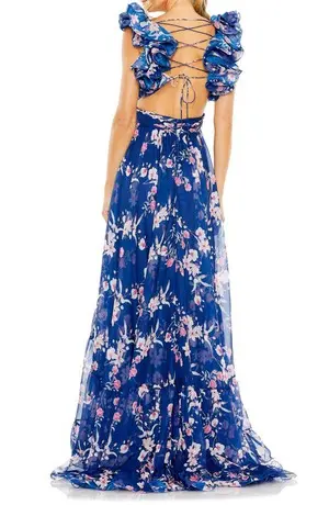 Mac Duggal Ruffle Tiered Floral Cut-out Chiffon Gown - Blue Multi