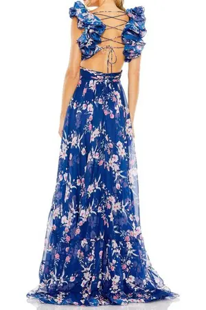 Mac Duggal Ruffle Tiered Floral Cut-out Chiffon Gown - Blue Multi