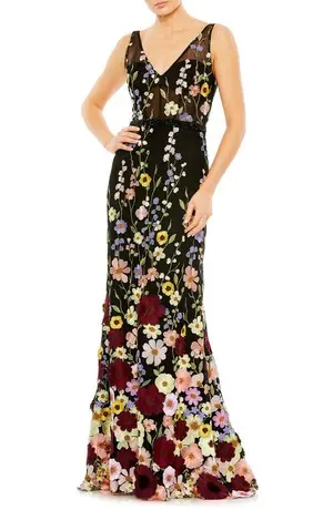 Mac Duggal Floral Applique Tulle Gown - Black Multi