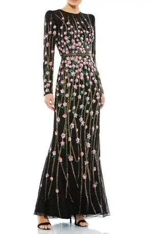 Mac Duggal Floral Embellished Mesh Gown - Black Multi