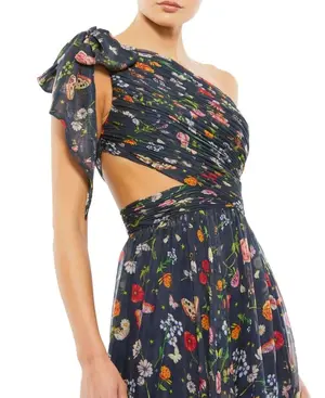 Mac Duggal Tied One-shoulder Cut-out Flowy Gown - Navy Multi