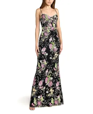 Mac Duggal Floral Embellished Bustier Gown - Black Multi