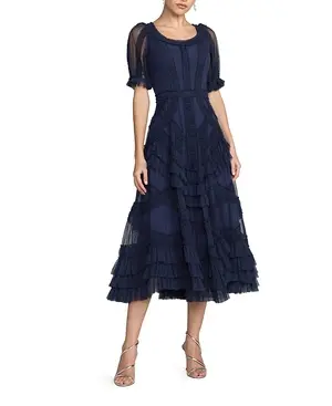 Mac Duggal Short Sleeve Mesh Micro Ruffle Midi Dress - Indigo