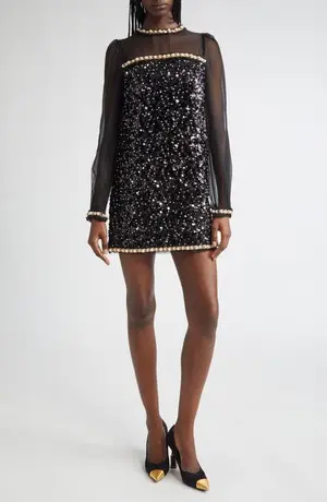 Balmain Embellished Long Sleeve Shift Dress