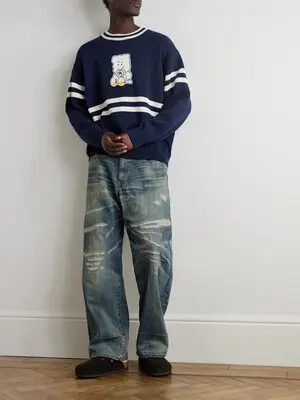 Kapital Peckish Rainbowy Ivy Appliquéd Striped Cotton Sweater