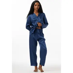 SILKSILKY Pure Silk Casual Button Up Pajamas - Darkblue