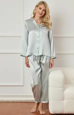 SILKSILKY Pure Silk Casual Button Up Pajamas - Lightblue