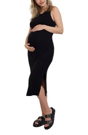Motherhood Maternity Sleeveless Crewneck Racerback Ribbed Maternity Midi Dress With Slits - Black
