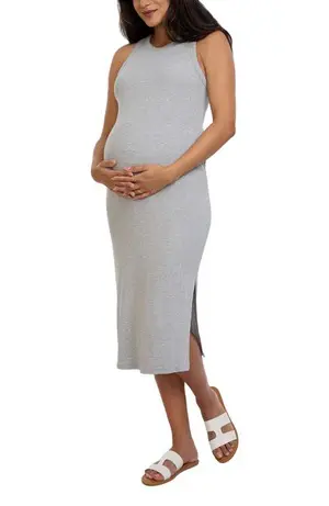 Motherhood Maternity Sleeveless Crewneck Racerback Ribbed Maternity Midi Dress With Slits - Heather Grey