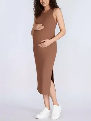 Motherhood Maternity Sleeveless Crewneck Racerback Ribbed Maternity Midi Dress With Slits - Mocha Mousse
