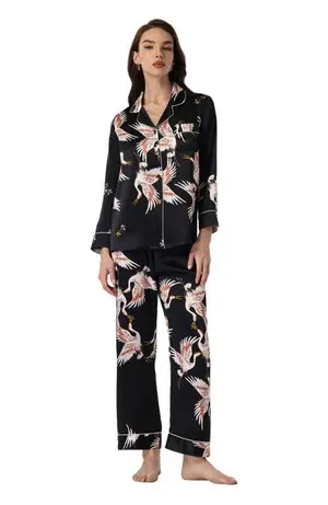 SILKSILKY 19momme Pure Silk Printed Classic Binding Trim Pajama Set - Black