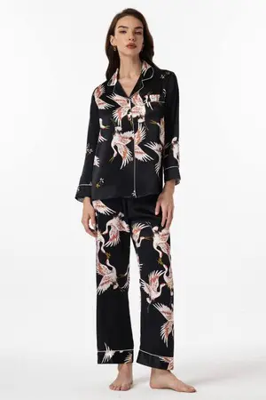 SILKSILKY 19momme Pure Silk Printed Classic Binding Trim Pajama Set - Black
