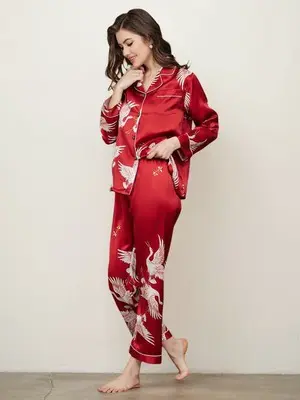 SILKSILKY 19momme Pure Silk Printed Classic Binding Trim Pajama Set - Darkred