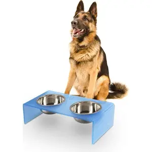 THE LICKER STORE Keaton Modern Lucite Rectangular Elevated Pet Feeder With 2-stainless Steel Bowls - Blue/chrome
