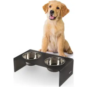 THE LICKER STORE Keaton Modern Lucite Rectangular Elevated Pet Feeder With 2-stainless Steel Bowls - Dark Gray/chrome