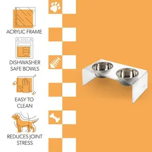 THE LICKER STORE Keaton Modern Lucite Rectangular Elevated Pet Feeder With 2-stainless Steel Bowls - Moon White/chrome
