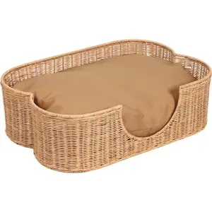 THE LICKER STORE Scallop Tropical Handwoven Rattan Pet Bed With Machine Washable Cushion - Light Brown