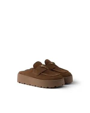 Prada Suede Flatform Mules - Brown