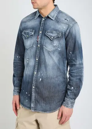 Dsquared2 Paint-splatter Stretch-denim Shirt - Navy