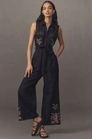 RANNA GILL Belted Crochet Jumpsuit - Black