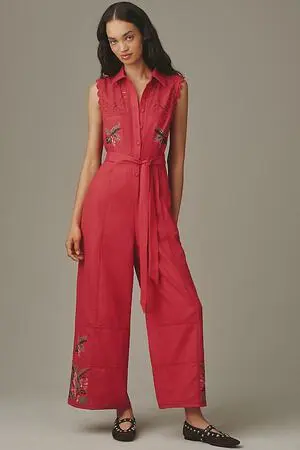 RANNA GILL Belted Crochet Jumpsuit - Strawberry