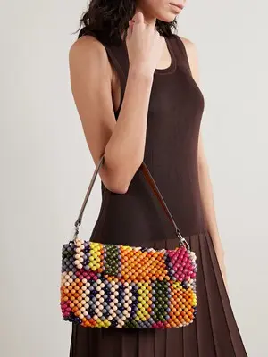 Staud Timmy Leather-trimmed Beaded Shoulder Bag