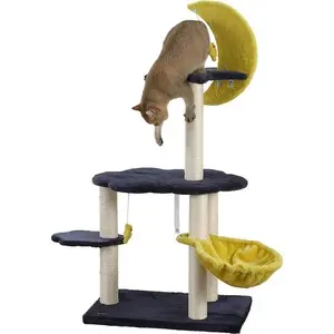 THE LICKER STORE Aurora 49" 3-tier Modern Sisal Moon And Stars Cat Tree With Scratching Posts - Navy/yellow/white