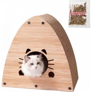 THE LICKER STORE Koko Cardboard Triangle Cat Cave Scratcher With Catnip - Brown Wood Grain Finish